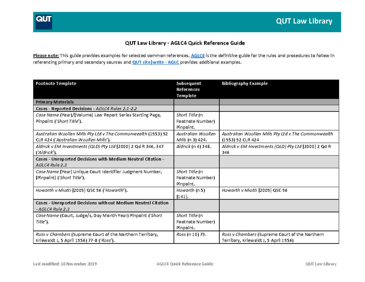AGLC4 Quick Reference Guide - QUT Law Library Insights - Studocu