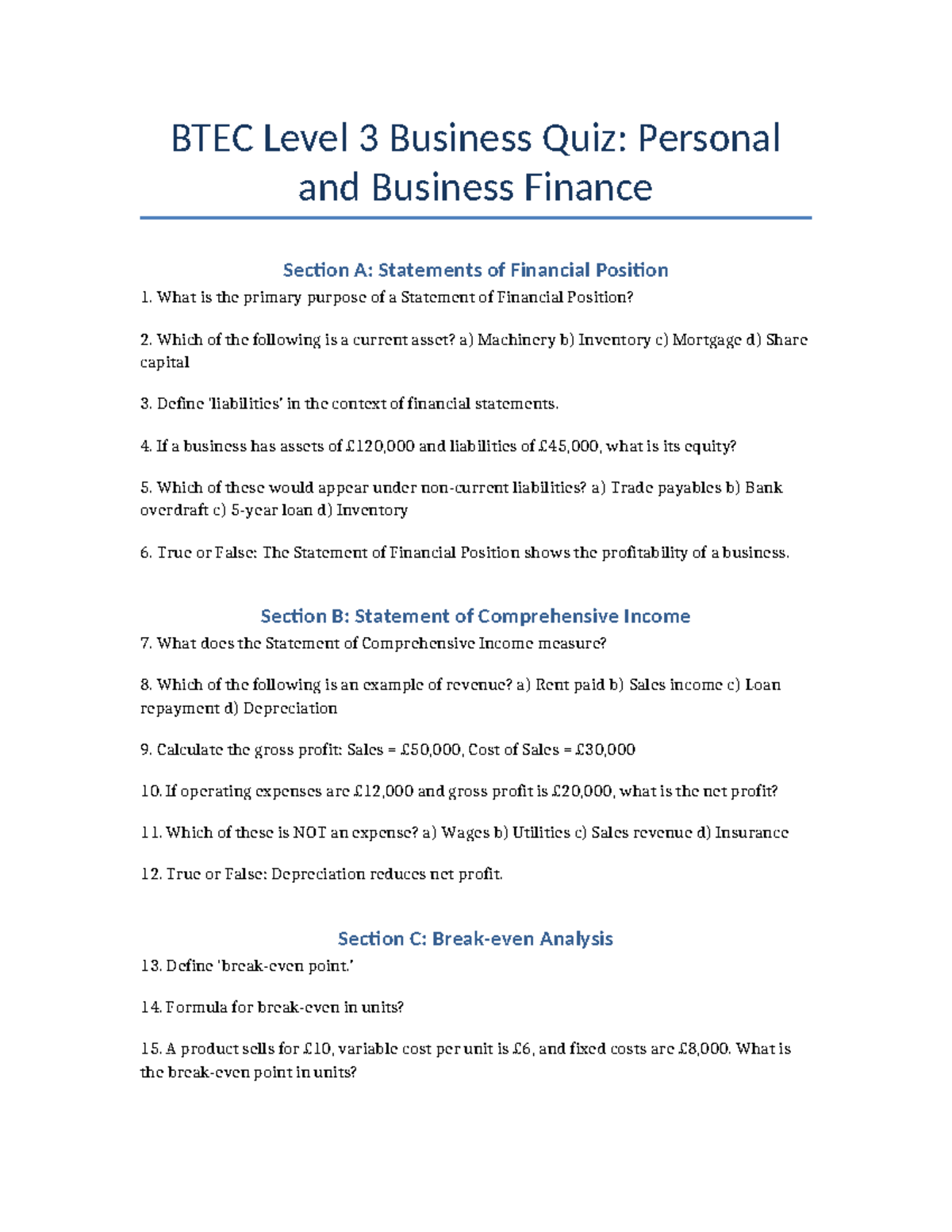 BTEC Level 3 Business Quiz: Personal & Business Finance Unit 3 - Studocu