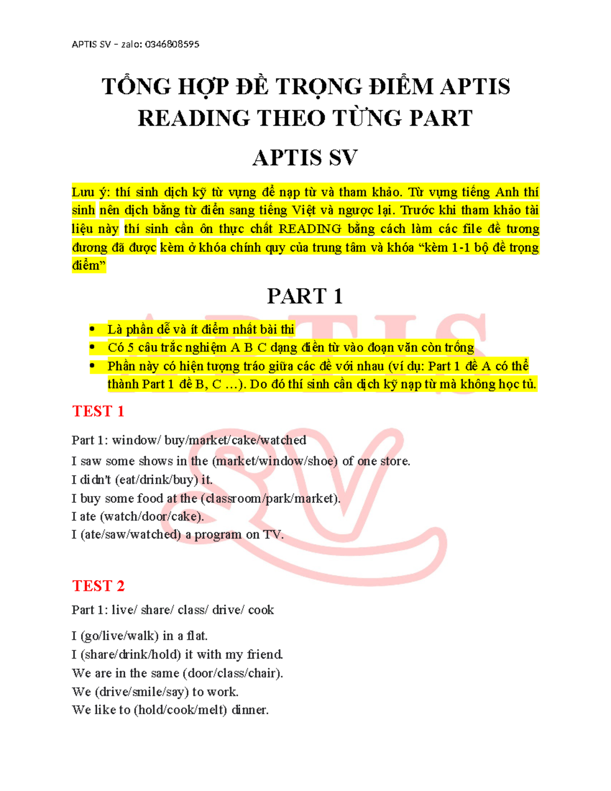 Tổng Hợp Đề Trọng Điểm APTIS Reading Part 1 & 2 - APTIS SV - Studocu