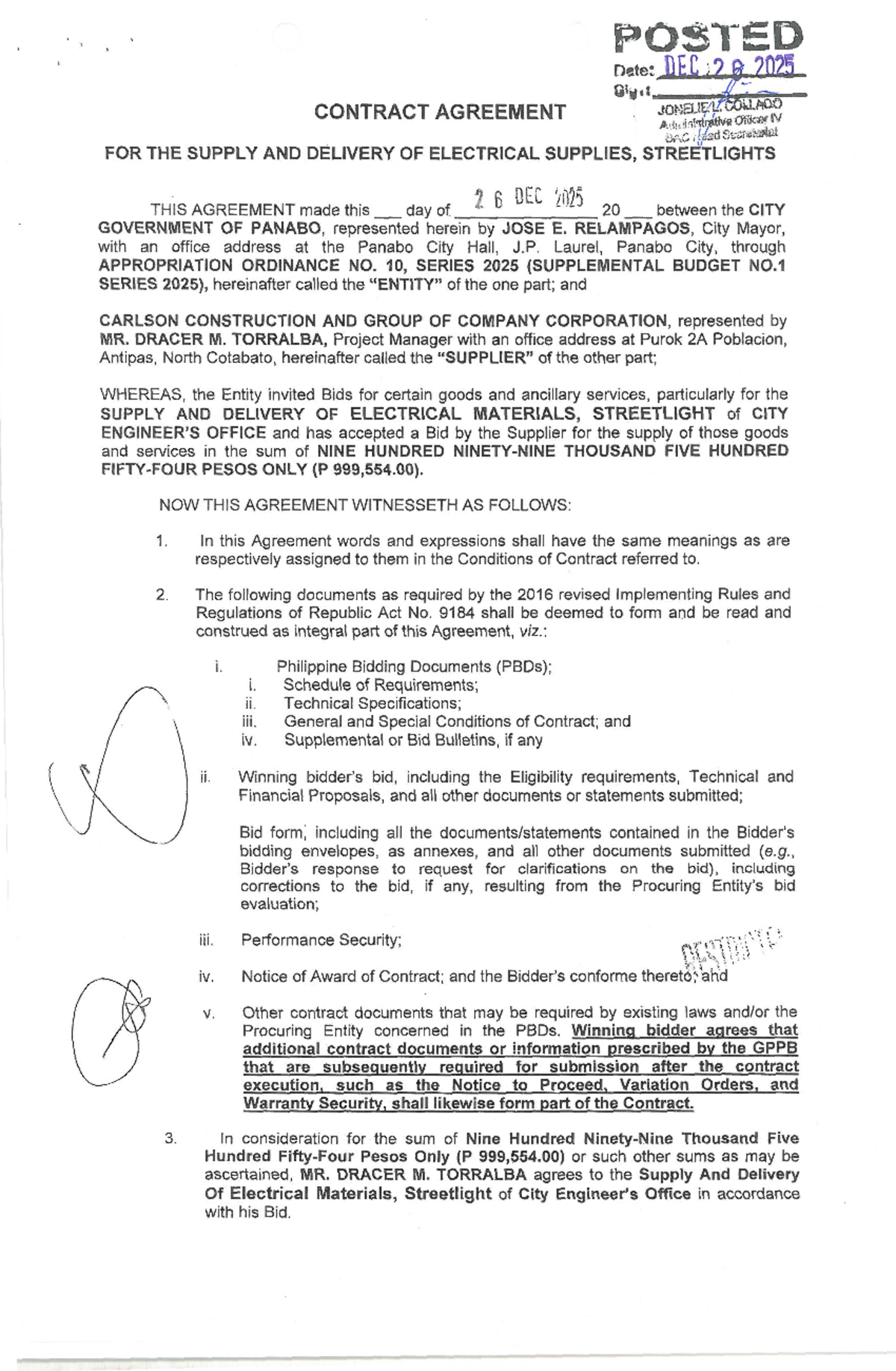 Contract Agreement for Supply & Delivery of Electrical Supplies - Studocu