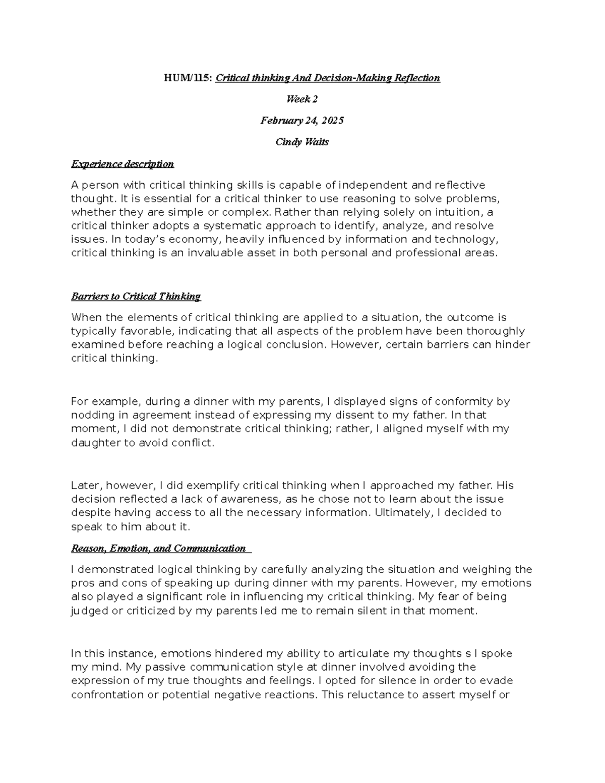 HUM/115 Week 2 Reflection: Exploring Barriers to Critical Thinking ...
