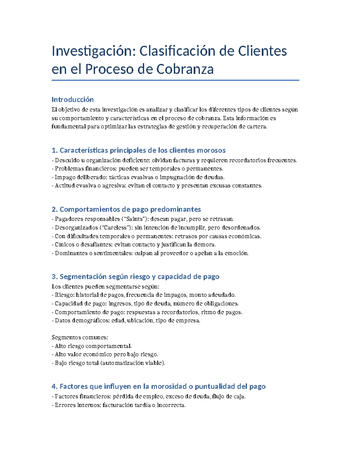 Investigación: Clasificación de Clientes en Cobranza - Studocu