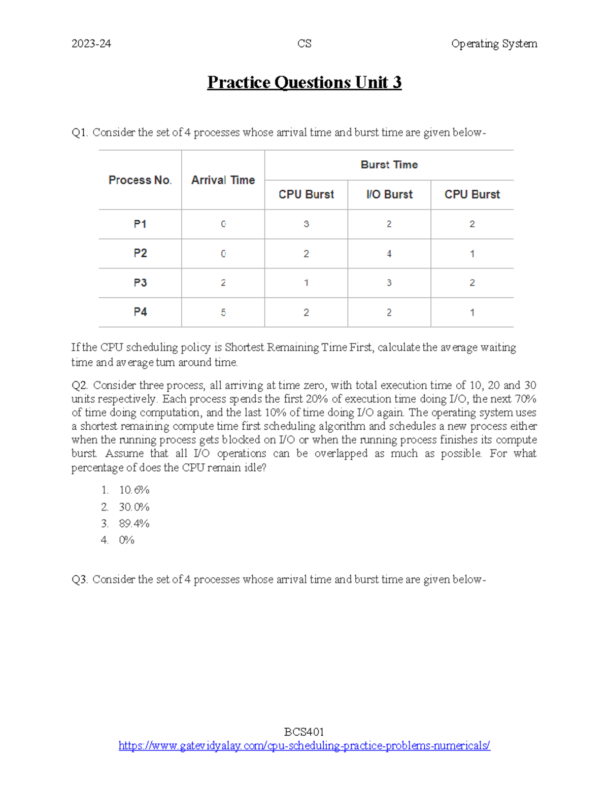Unit 3 Practice Questions on CPU Scheduling Algorithms - Studocu