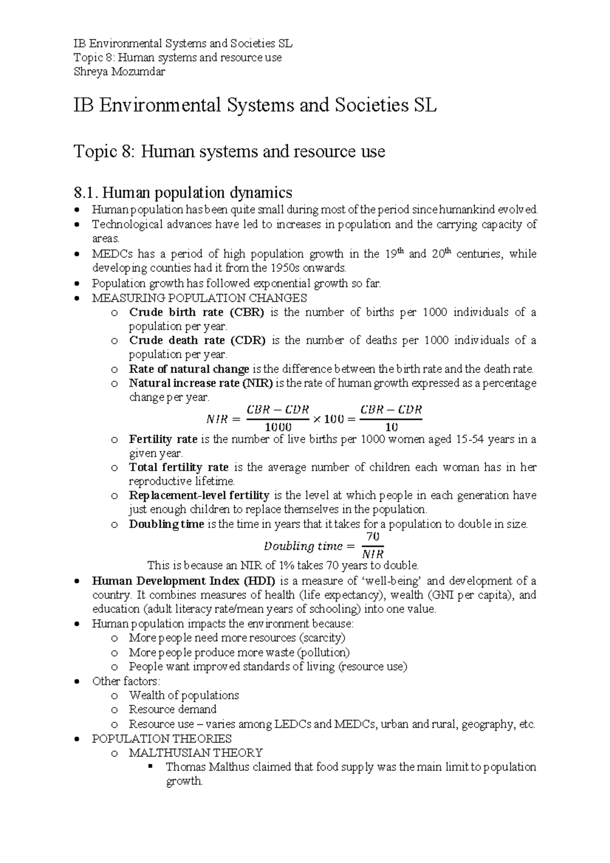 IB Environmental Systems and Societies SL Topic 8: Human Systems ...
