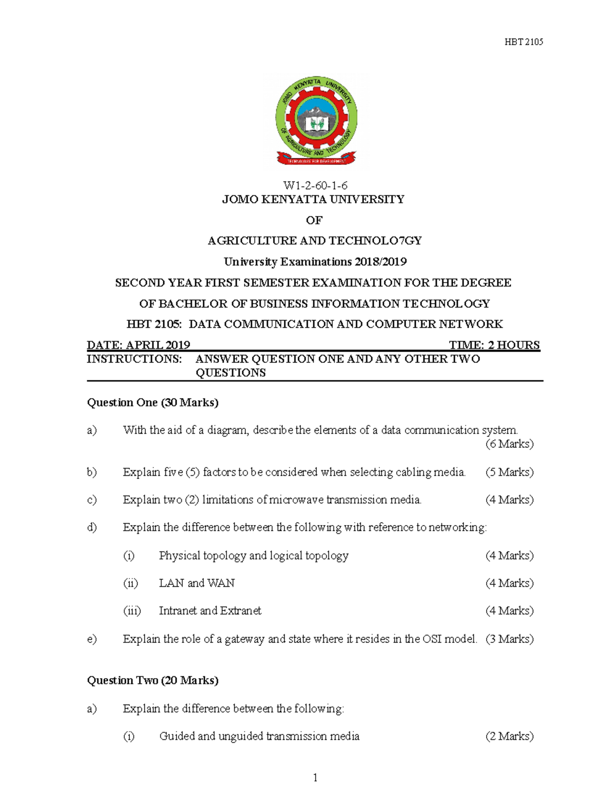 HBT 2105 DATA Communication AND Computer Network - HBT 2105 JOMO ...