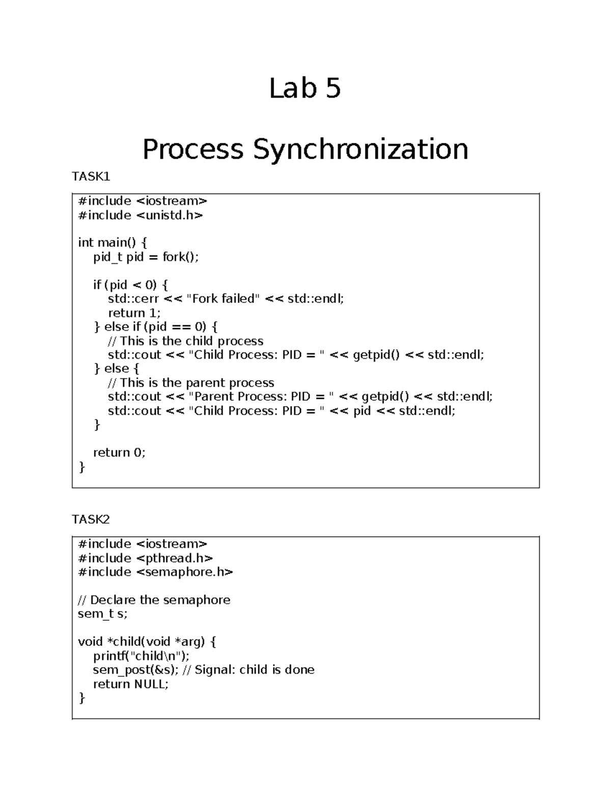 Lab 5 - lab task - Lab 5 Process Synchronization TASK #include #include ...