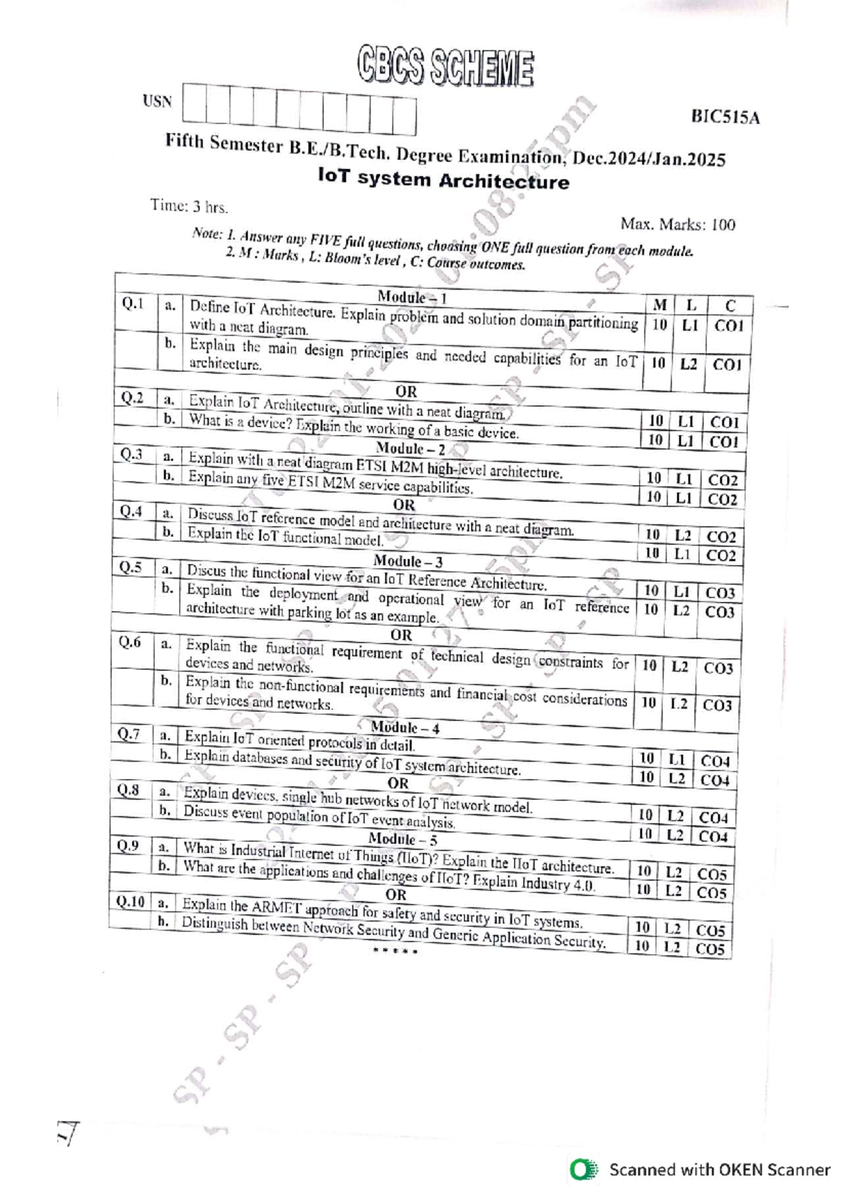 IoT System Architecture - CBCS BIC515A Fifth Sem Exam QP - Studocu