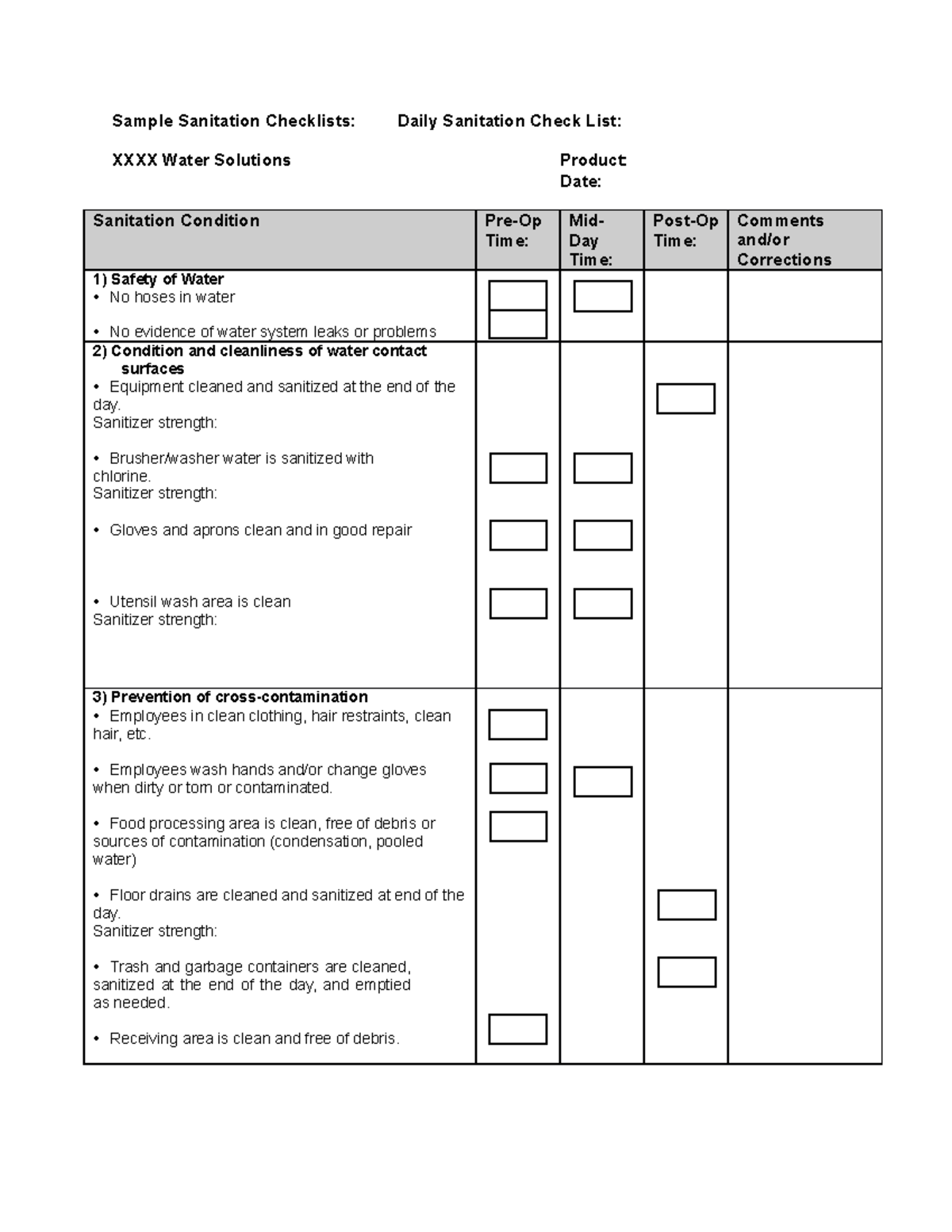 Sanitation documentes - Sample Sanitation Checklists: Daily Sanitation ...