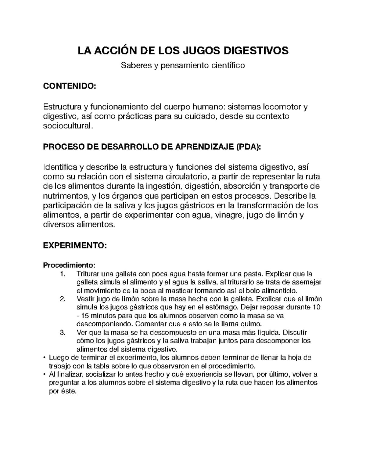 LA ACCIÓN DE LOS JUGOS DIGESTIVOS: Experimento y Aprendizaje - Studocu