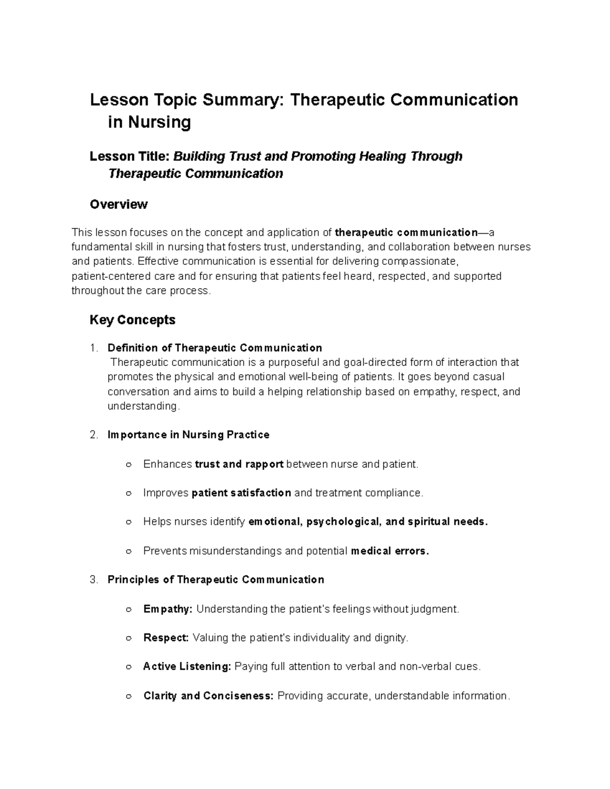 NUR 101: Lesson Summary on Therapeutic Communication in Nursing - Studocu