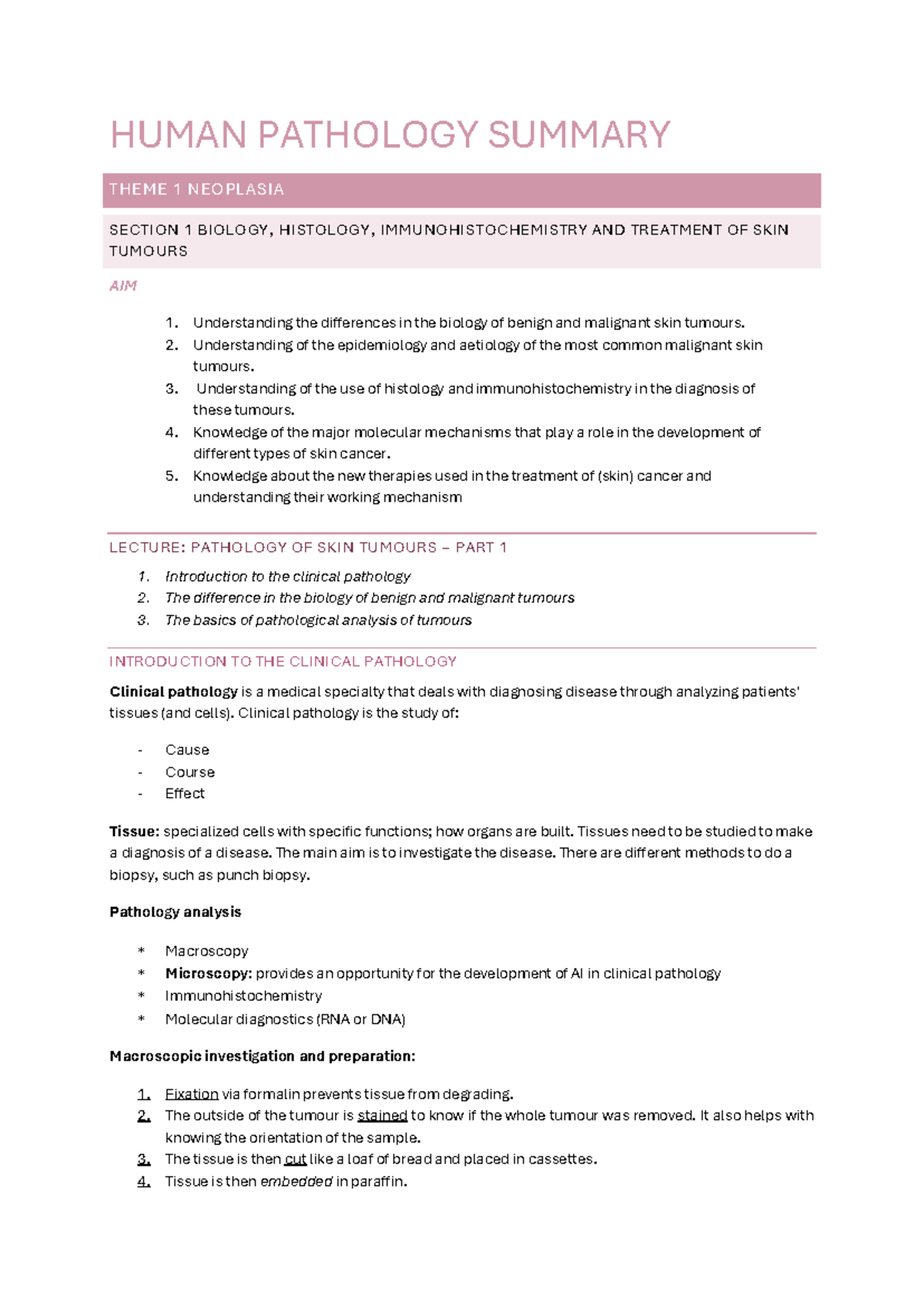 HUMAN PATHOLOGY SUMMARY: NEOPLASIA & SKIN TUMOURS LECTURE NOTES ...