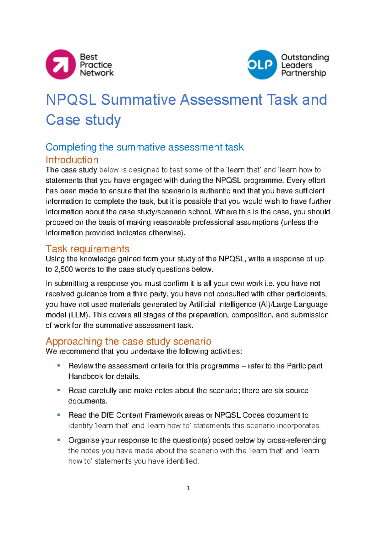 NPQSL Summative Assessment: Case Study Analysis and Recommendations - Studocu