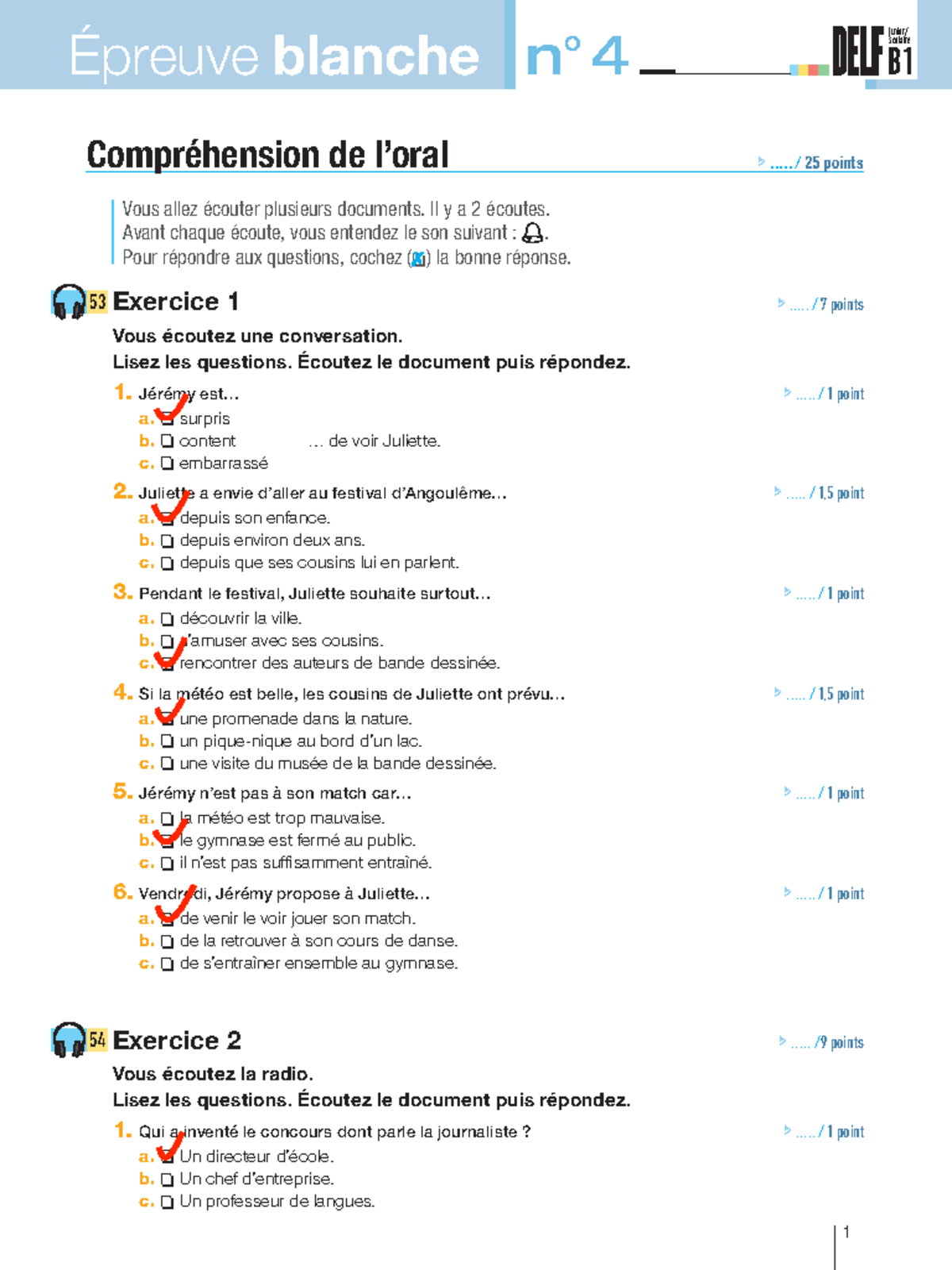 DELF B1 SJ NF Épreuve blanche n° 4 : Compréhension et Exercices - Studocu