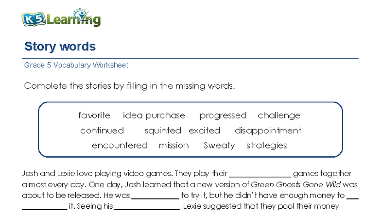 Grade 5 Vocabulary Worksheet: Story Completion Exercise - Studocu