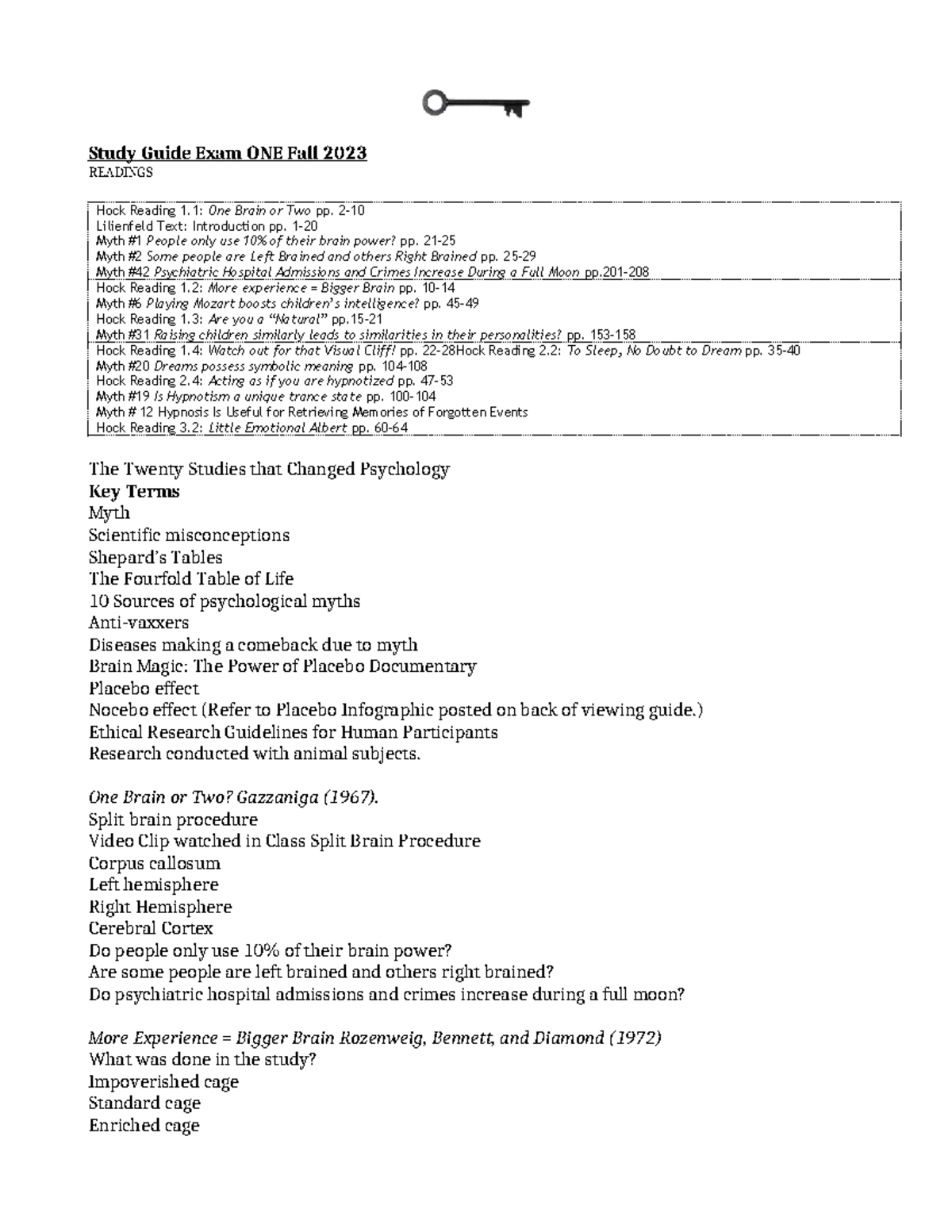 Study Guide Exam ONE: 20 Key Studies in Psychology Fall 2023 - Studocu