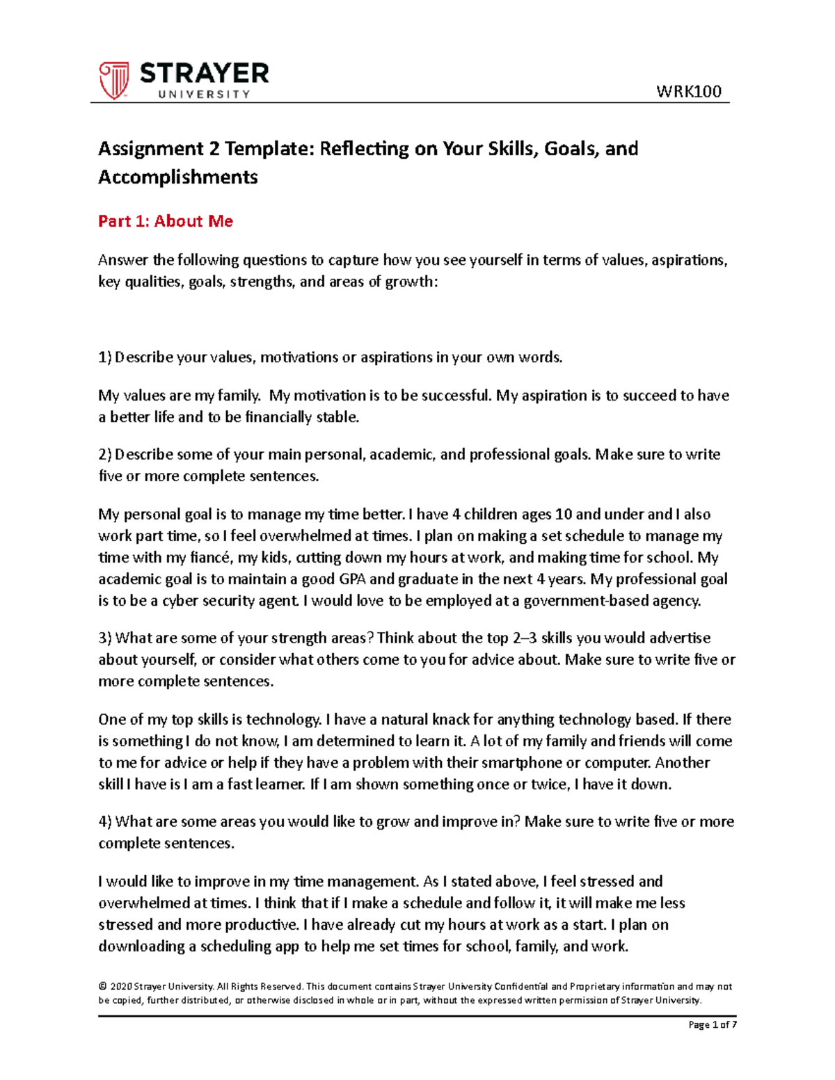 WRK100 Assignment 2: Self-Reflection on Skills & Goals - Studocu