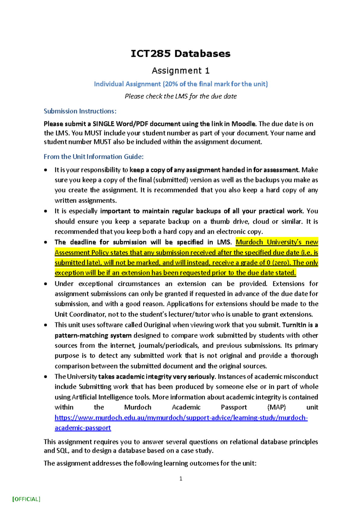 ICT285 Databases Assignment 1: Guidelines and Requirements - Studocu