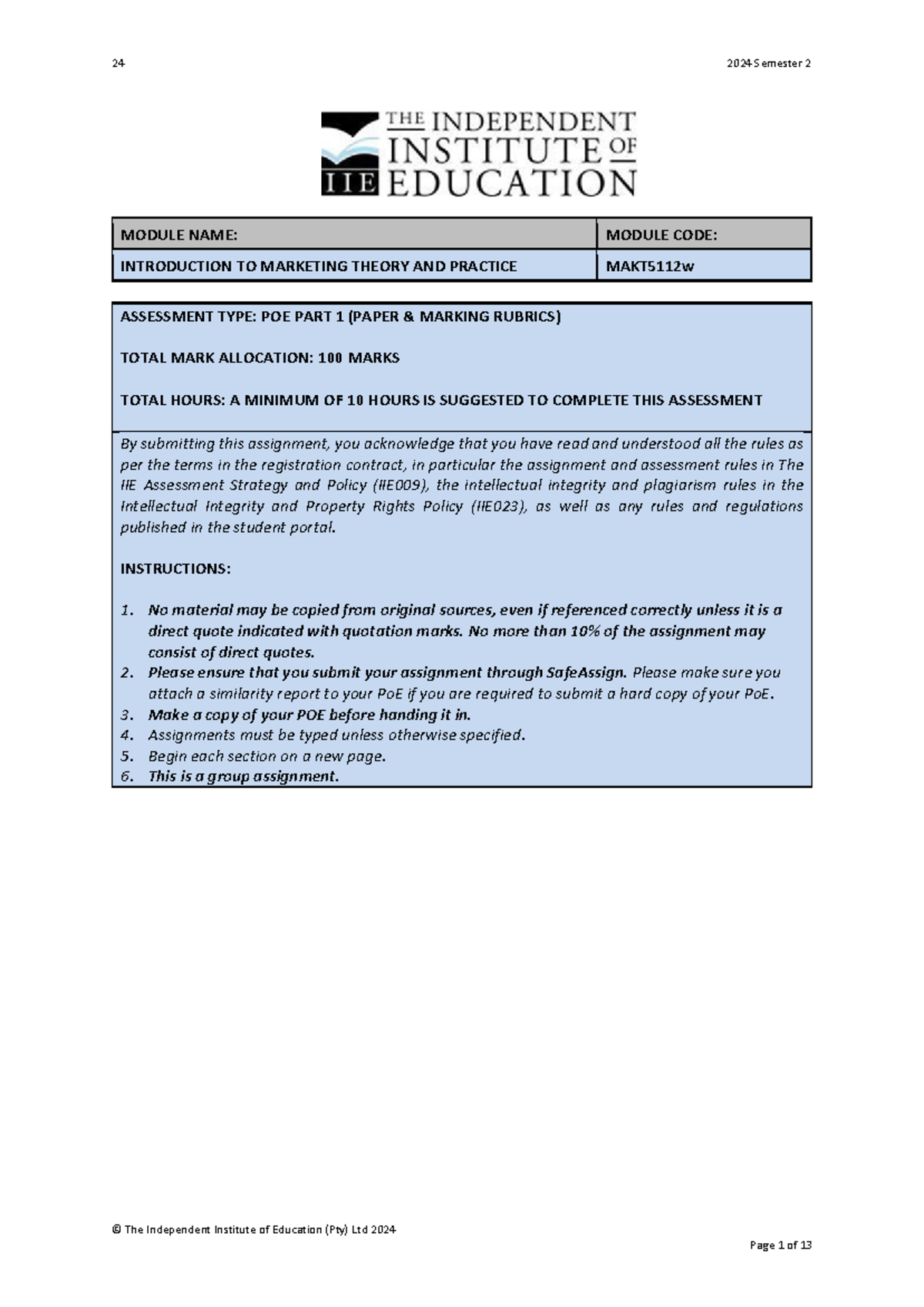 MAKT5112w Marketing POE Part 1: Customer Needs & Brand Awareness ...