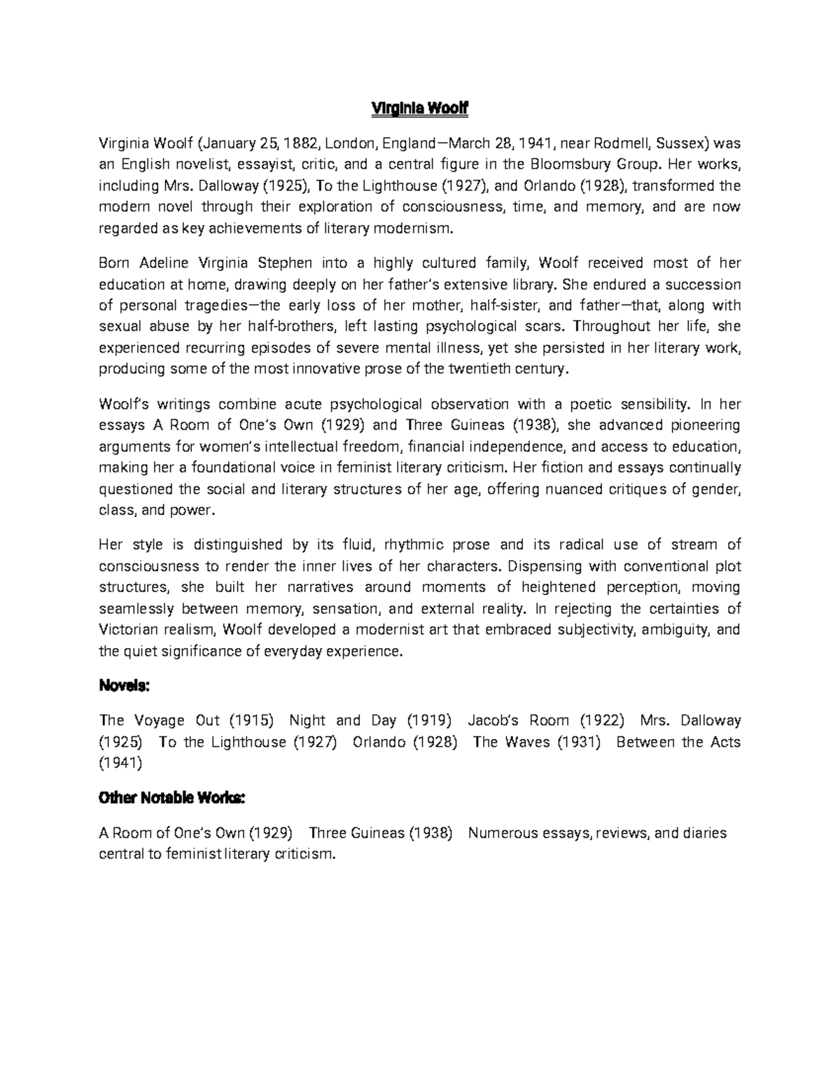 Virginia Woolf: A Short Introduction to Her Life and Works - Studocu