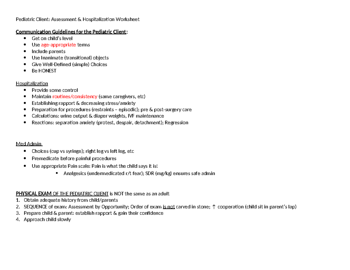 Pediatric Client: Assessment & Hospitalization Guidelines - Studocu