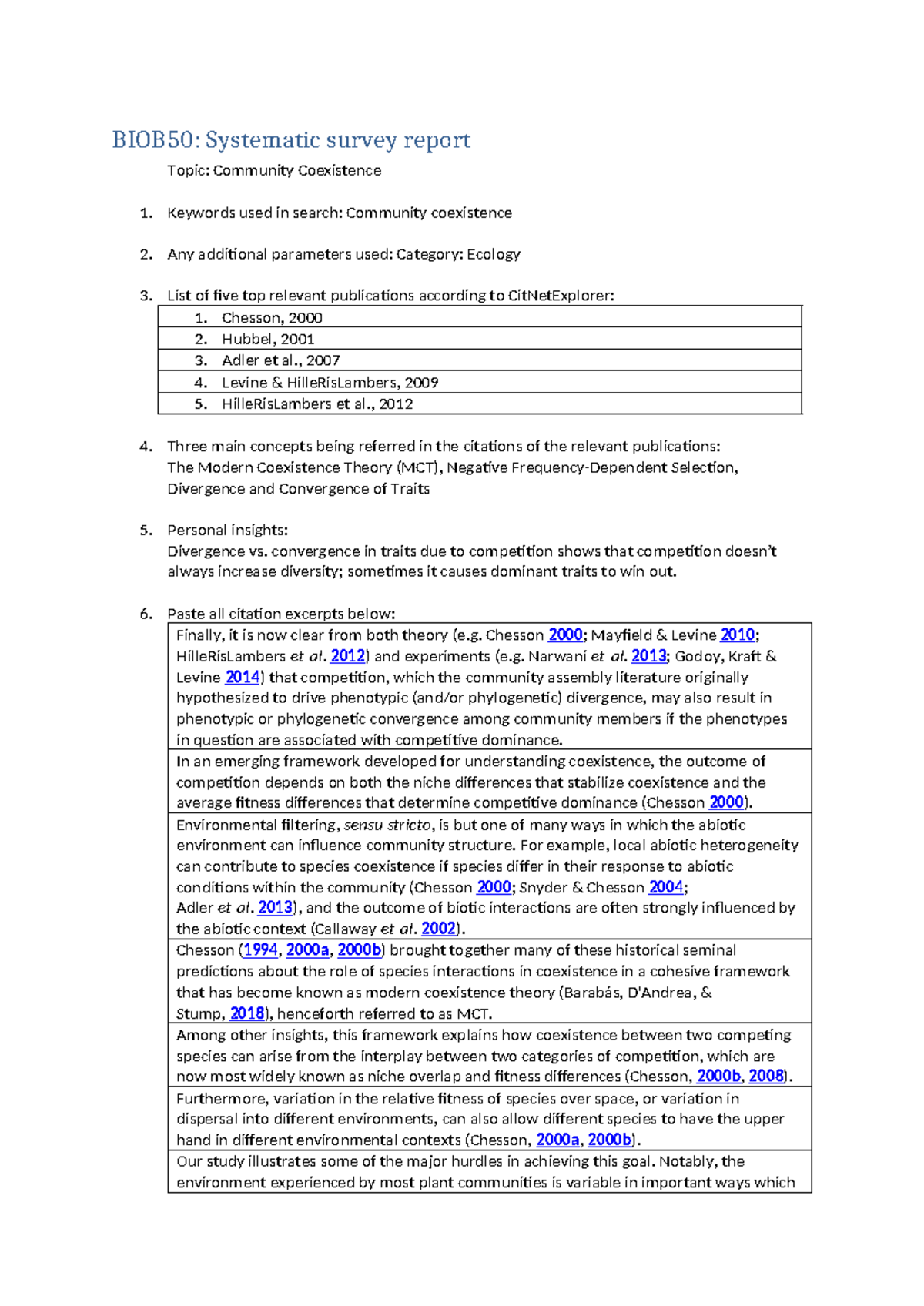 BIOB50: Survey Report on Community Coexistence in Ecology - Studocu