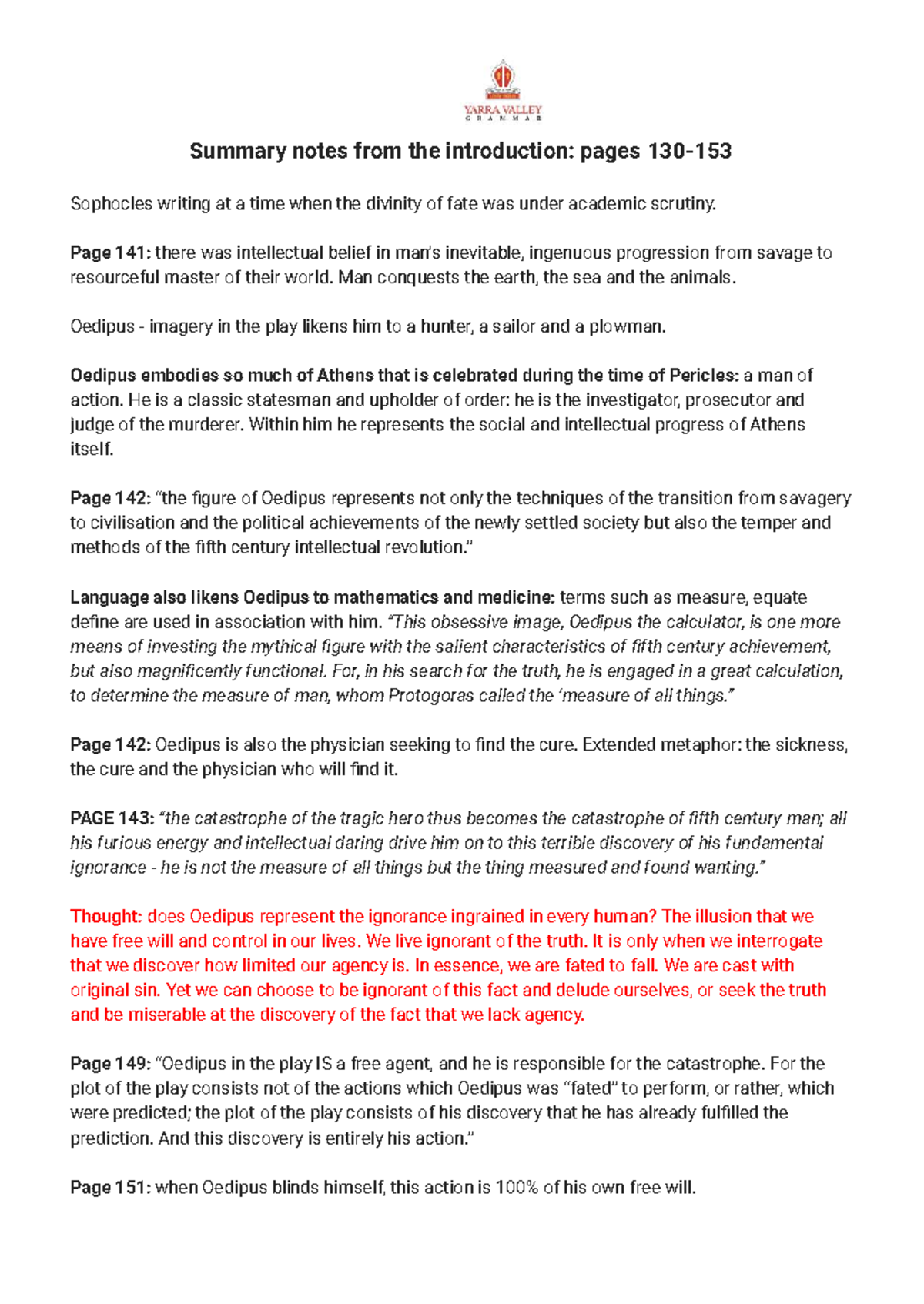 Introduction Notes on Sophocles' Oedipus: Fate and Free Will Analysis ...
