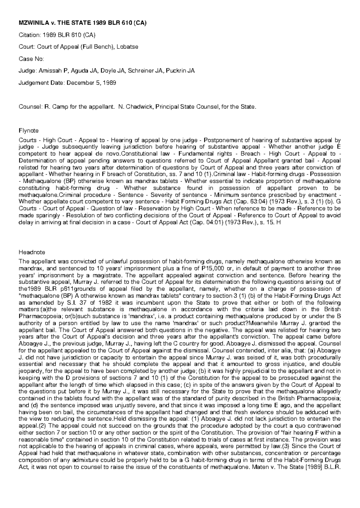 Mzwinila v. THE State (1989) Appeal on Drug Conviction and Sentence ...