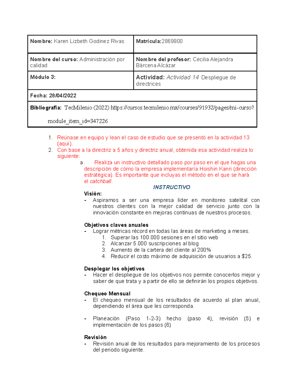 Act 14 administracion por calidad - Nombre: Karen Lizbeth Godinez Rivas ...