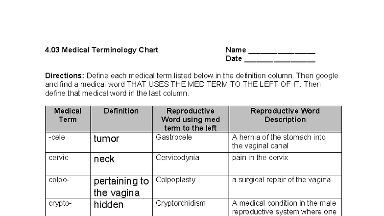 4.03 Medical Terminology Chart: Definitions & Related Terms - Studocu