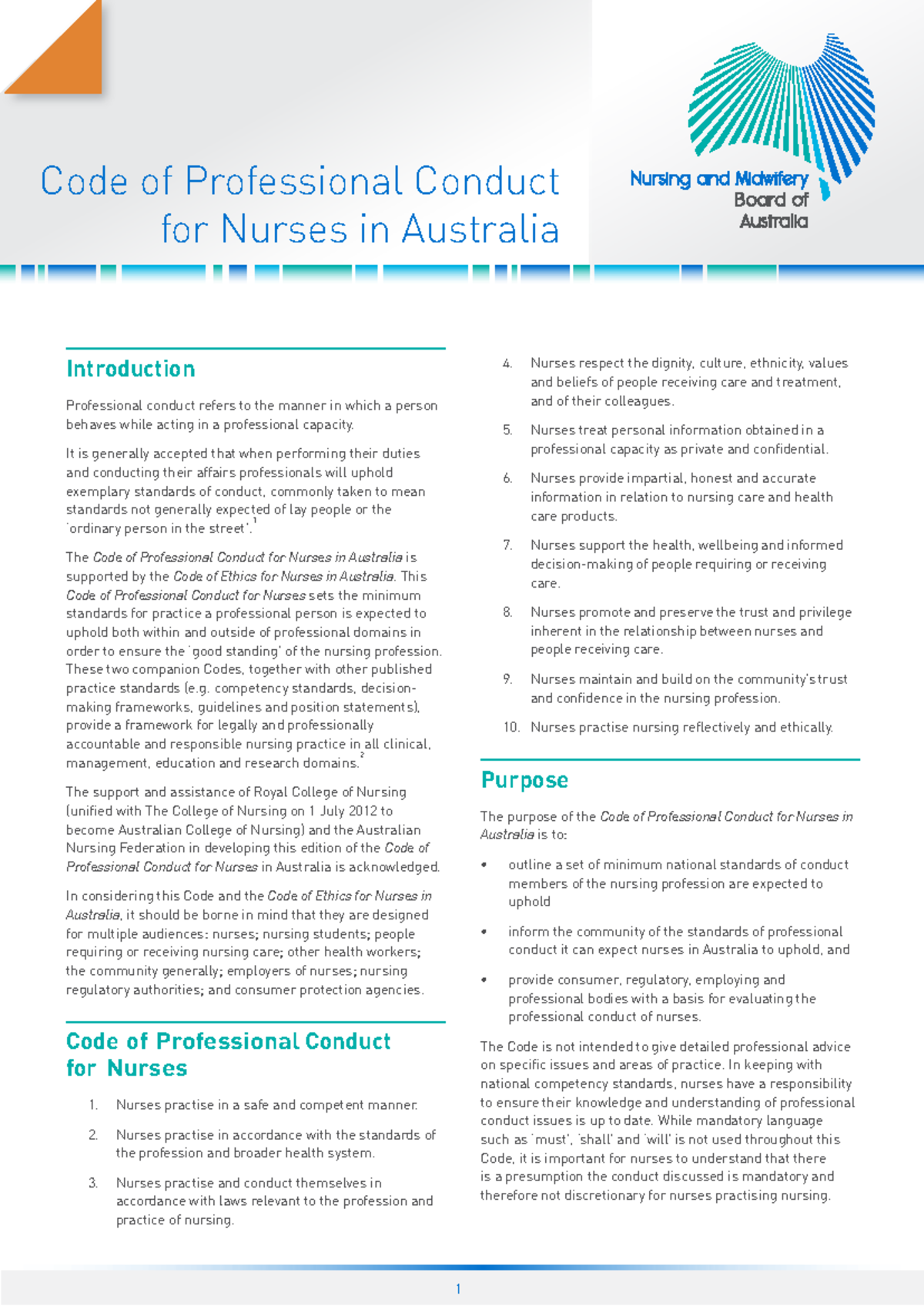 Code of Professional Conduct for Nurses - Australia 2008 Edition - Studocu