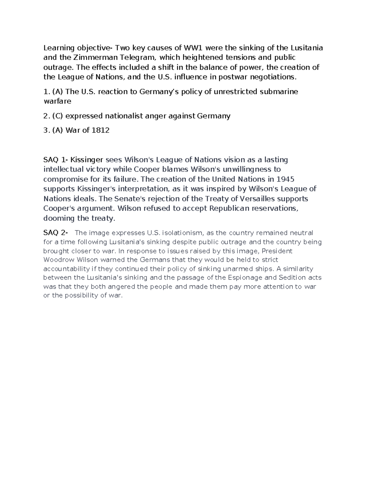 Amsco 7.5: Causes and Effects of WW1 - Lusitania & Zimmerman Telegram ...