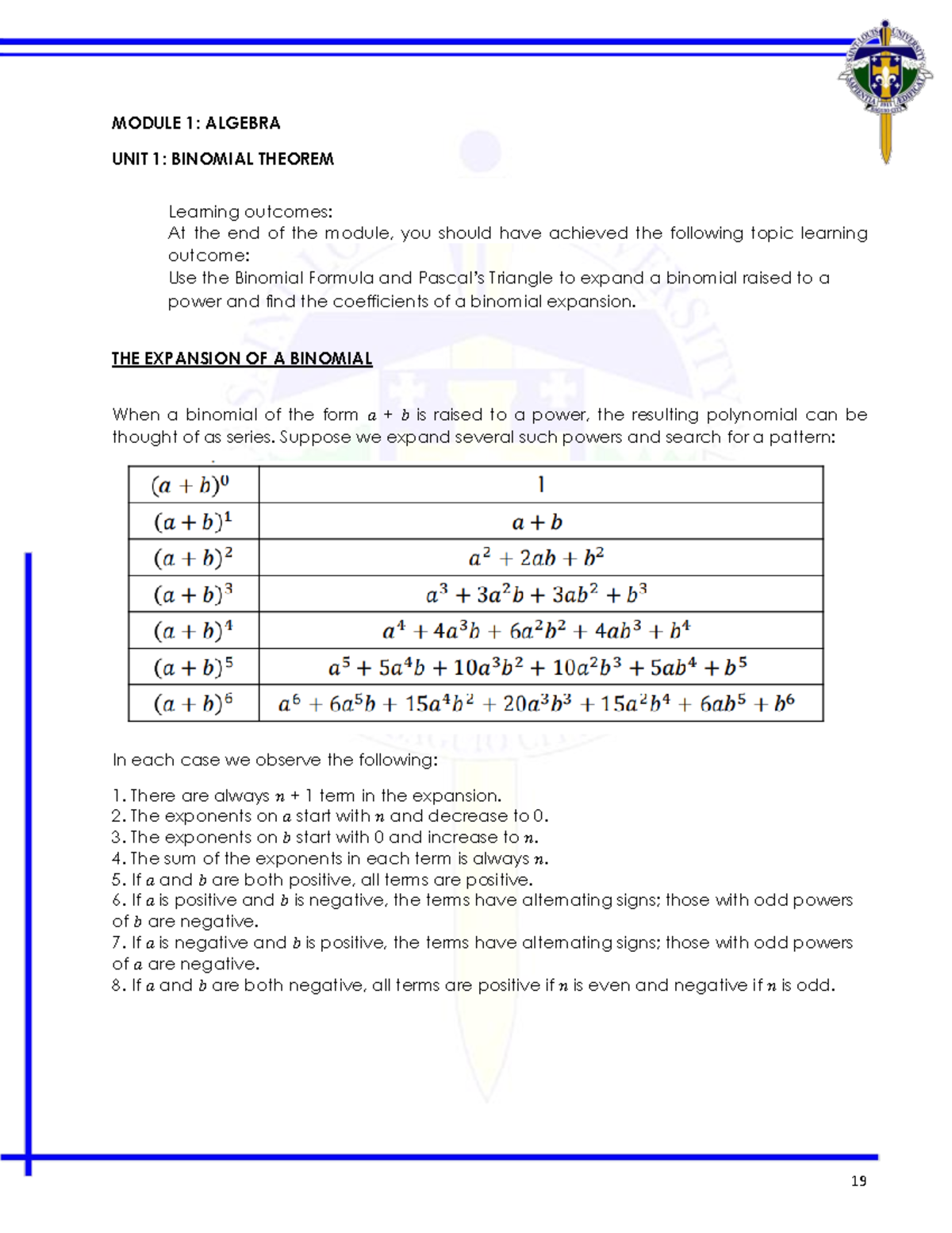 Enggmath 1 module 1 algebra - MODULE 1: ALGEBRA UNIT 1: BINOMIAL THEOREM Learning outcomes: At ...