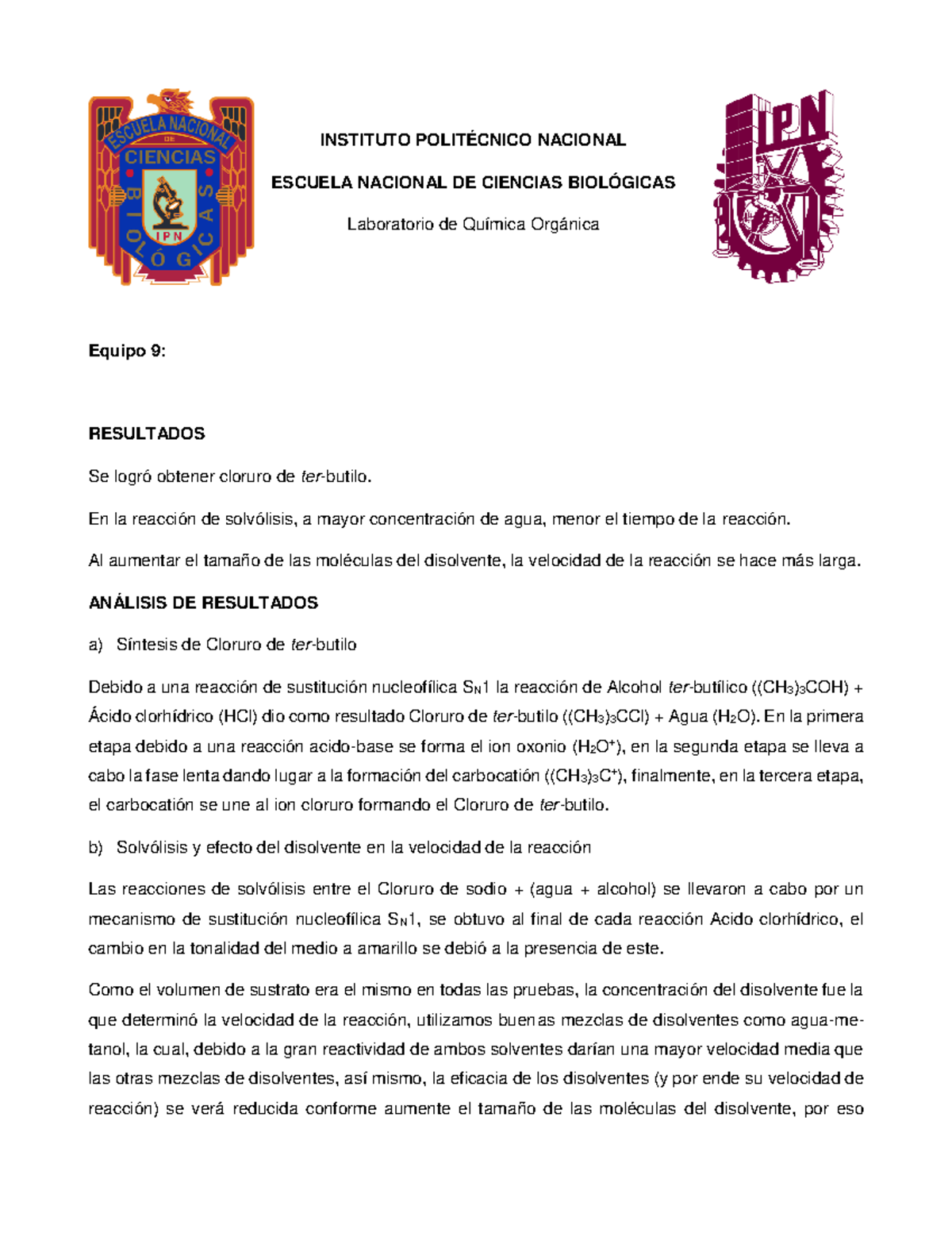 Practica 9 Equipo 10 - Práctica de síntesis de cloruro de terbutilo ...
