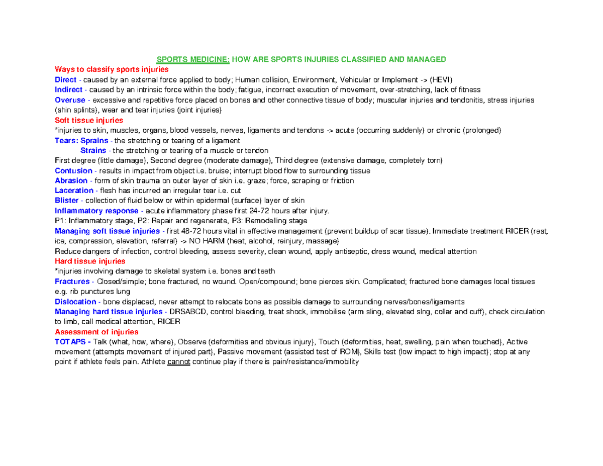 Pdhpe Year 12 Sports Medicine Detailed Summary Notes - Studocu