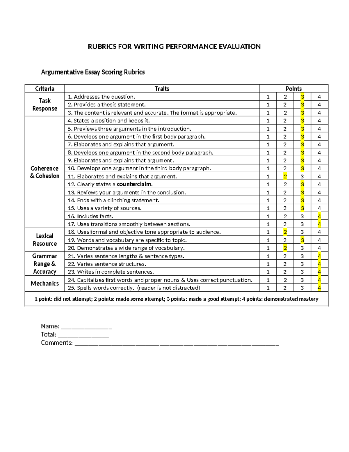 RUBRICS FOR WRITING PERFORMANCE EVALUATION: Argumentative Essay Guide ...