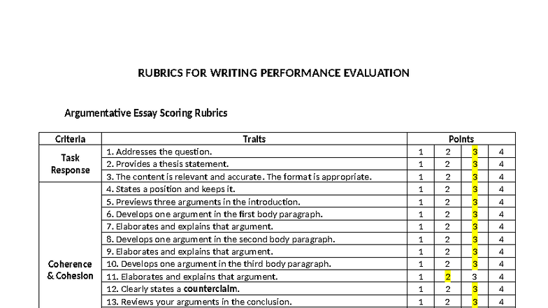 RUBRICS FOR WRITING PERFORMANCE EVALUATION: Argumentative Essay Guide ...