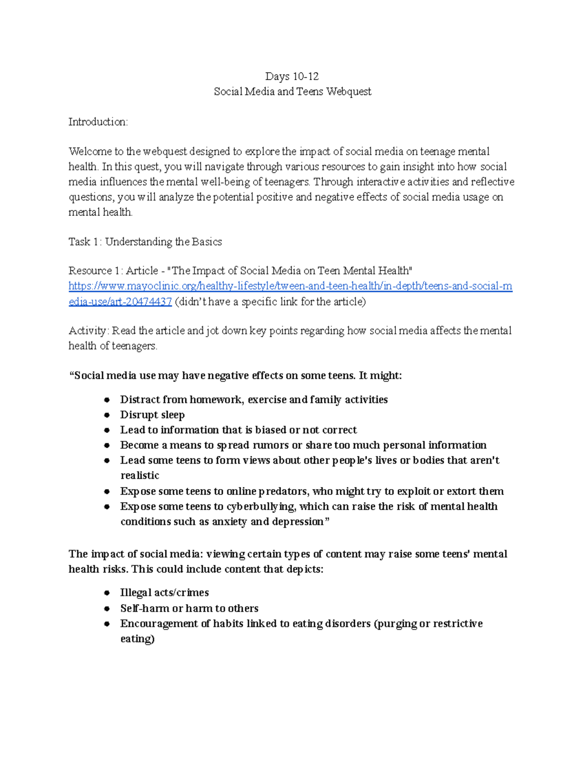 Social Media & Teen Mental Health Webquest - 17587304 - Studocu