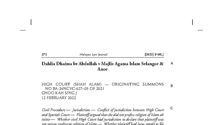Case Study: Dahlia Dhaima bt Abdullah v Majlis Agama Islam Selangor ...