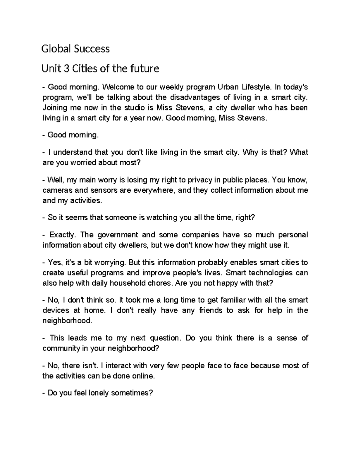 Global Success Unit 3: Disadvantages of Smart Cities - Studocu