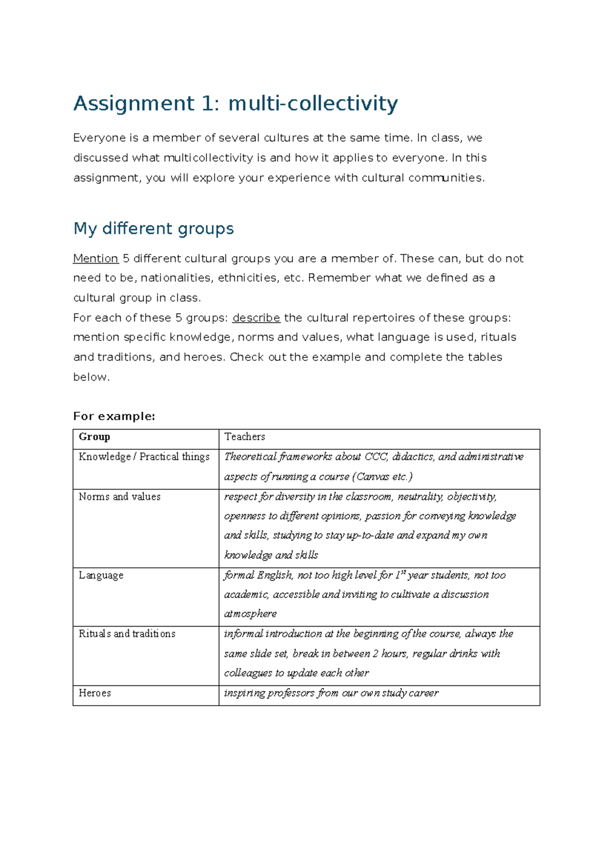 Assignment 1: Exploring Multicollectivity in Cultural Groups - Studocu