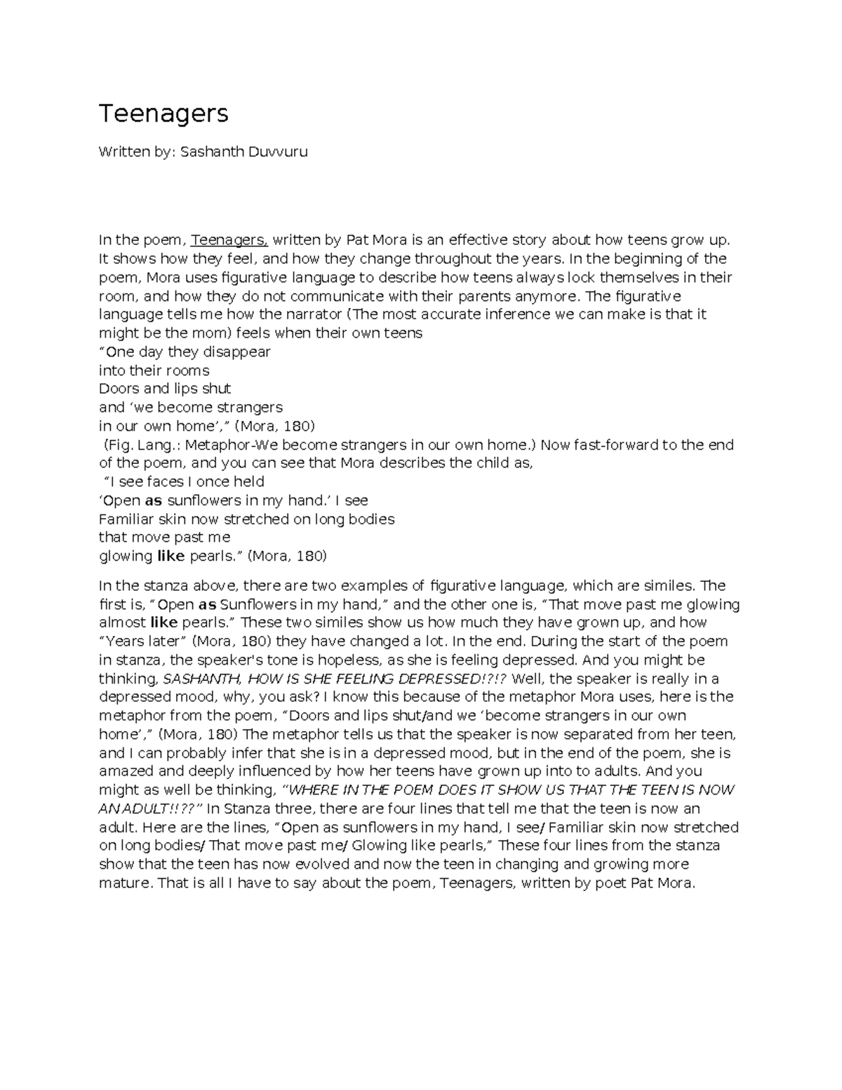 Analysis of the Poem "Teenagers" by Pat Mora - Essay Notes - Studocu