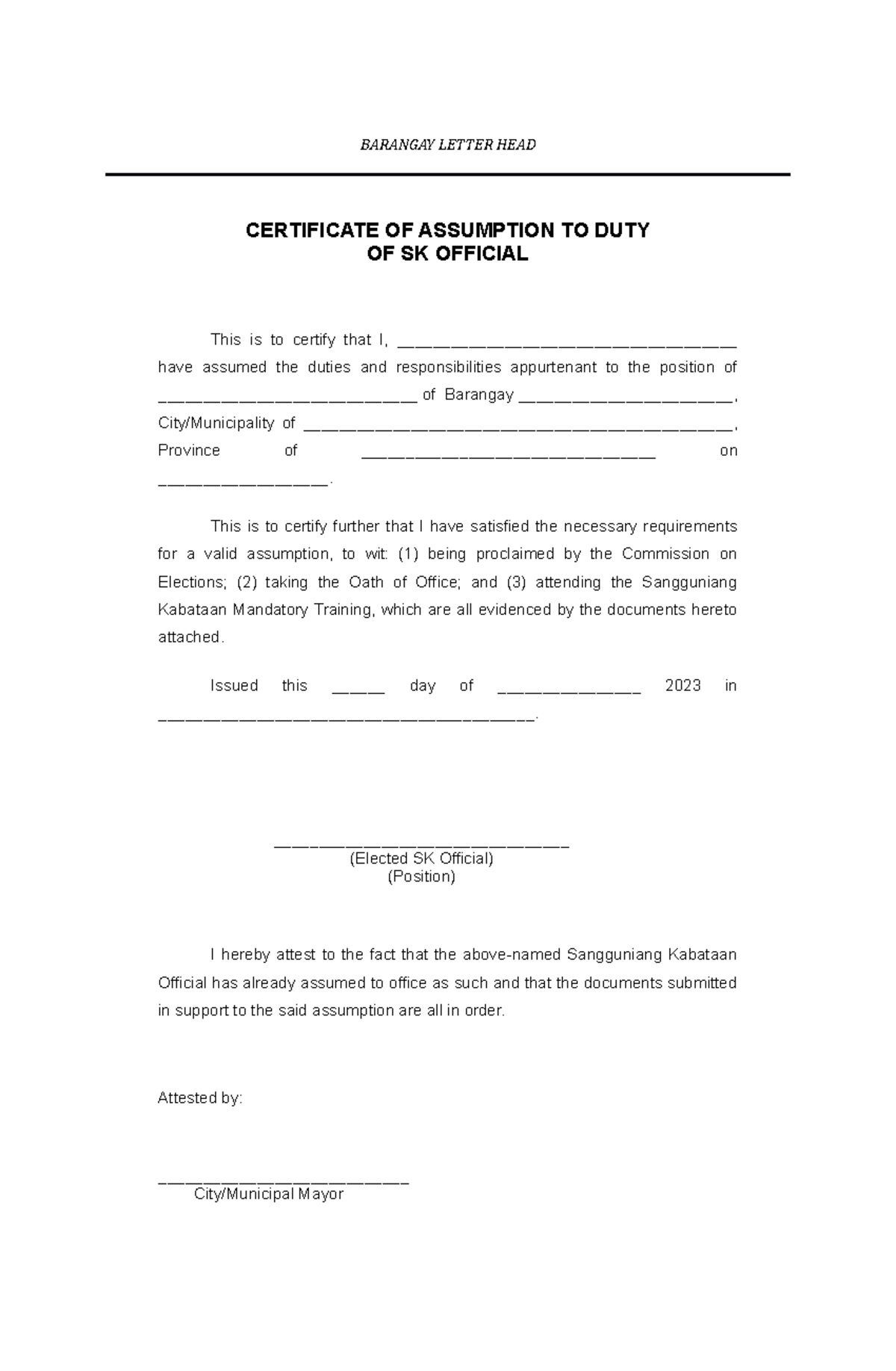 Certificate of Assumption to Duty for SK & Barangay Officials - Studocu