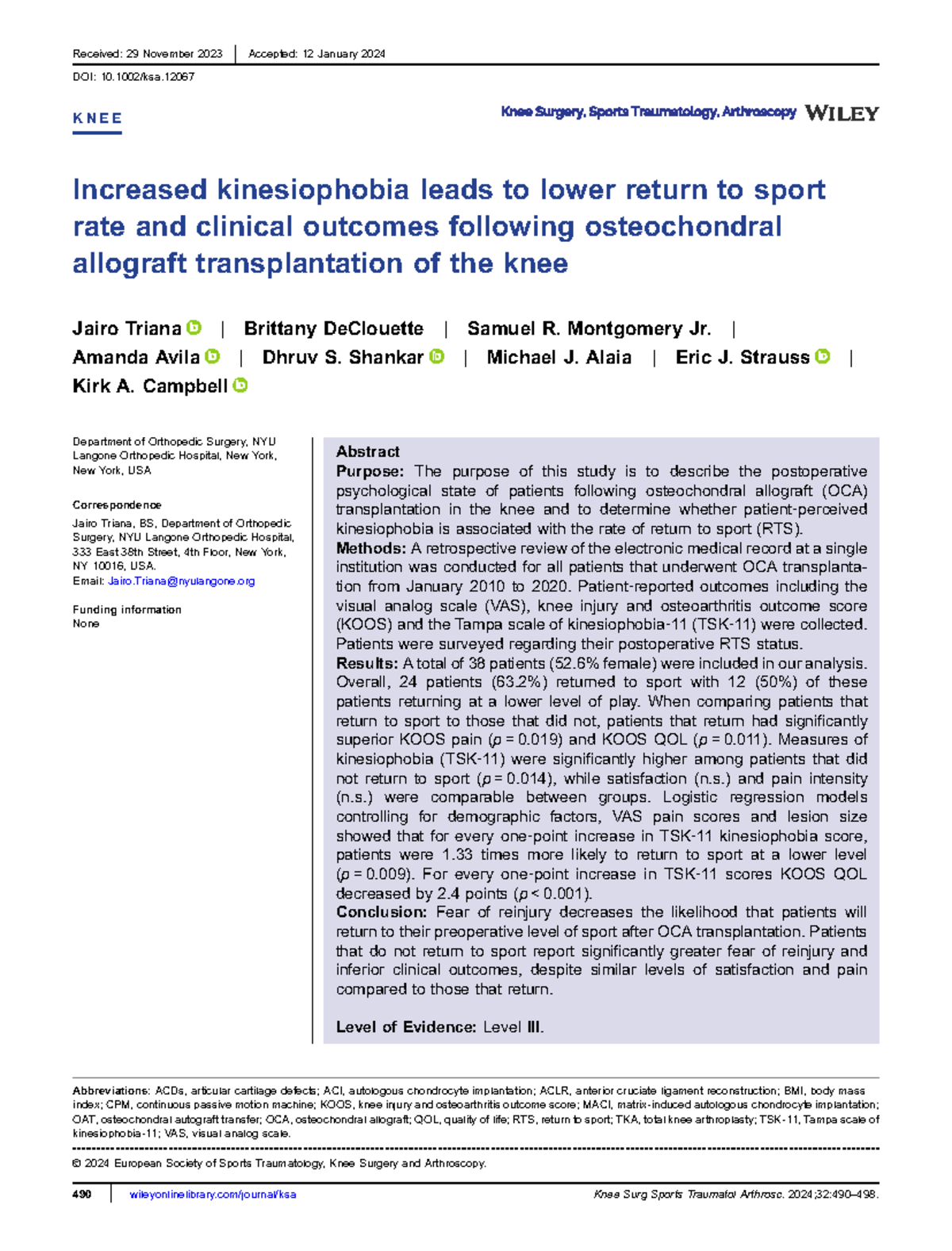 Increased Kinesiophobia Reduces Return to Sport Post Knee OCA Surgery ...