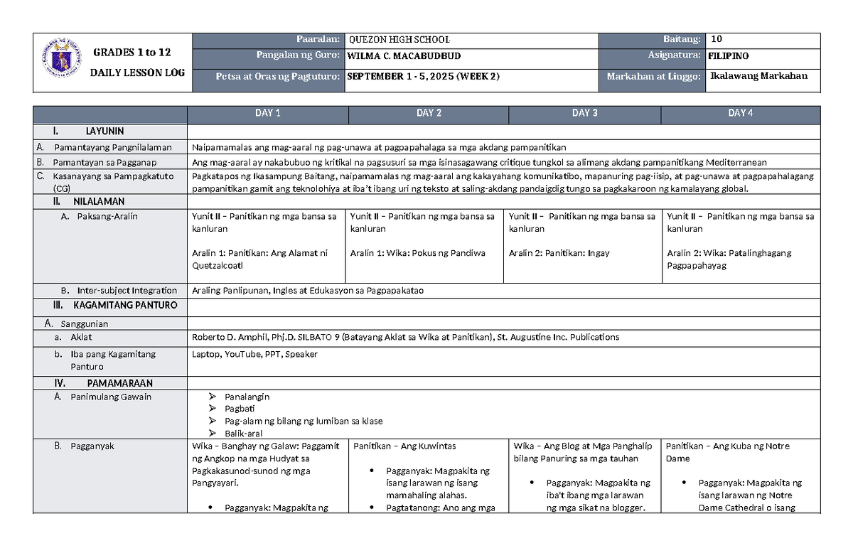 DLL Filipino 10 Q2 W2 - Daily Lesson Log for Quezon High School - Studocu