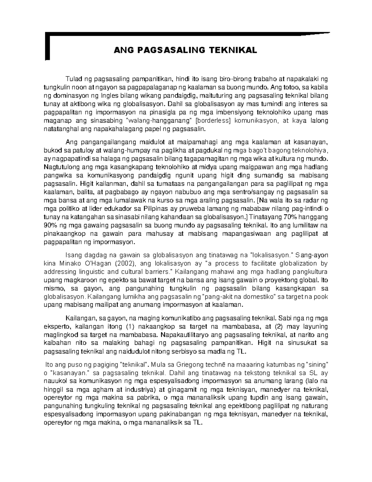 Pagsasalin ng Teknikal na Dokumento sa Filipino para sa Kurso: TOAZ ...