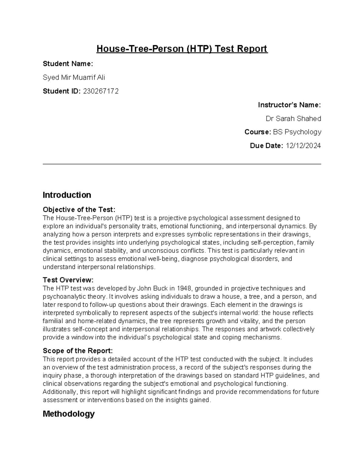 (HTP) Test Report: Psychological Insights from Fatima's Drawings - Studocu