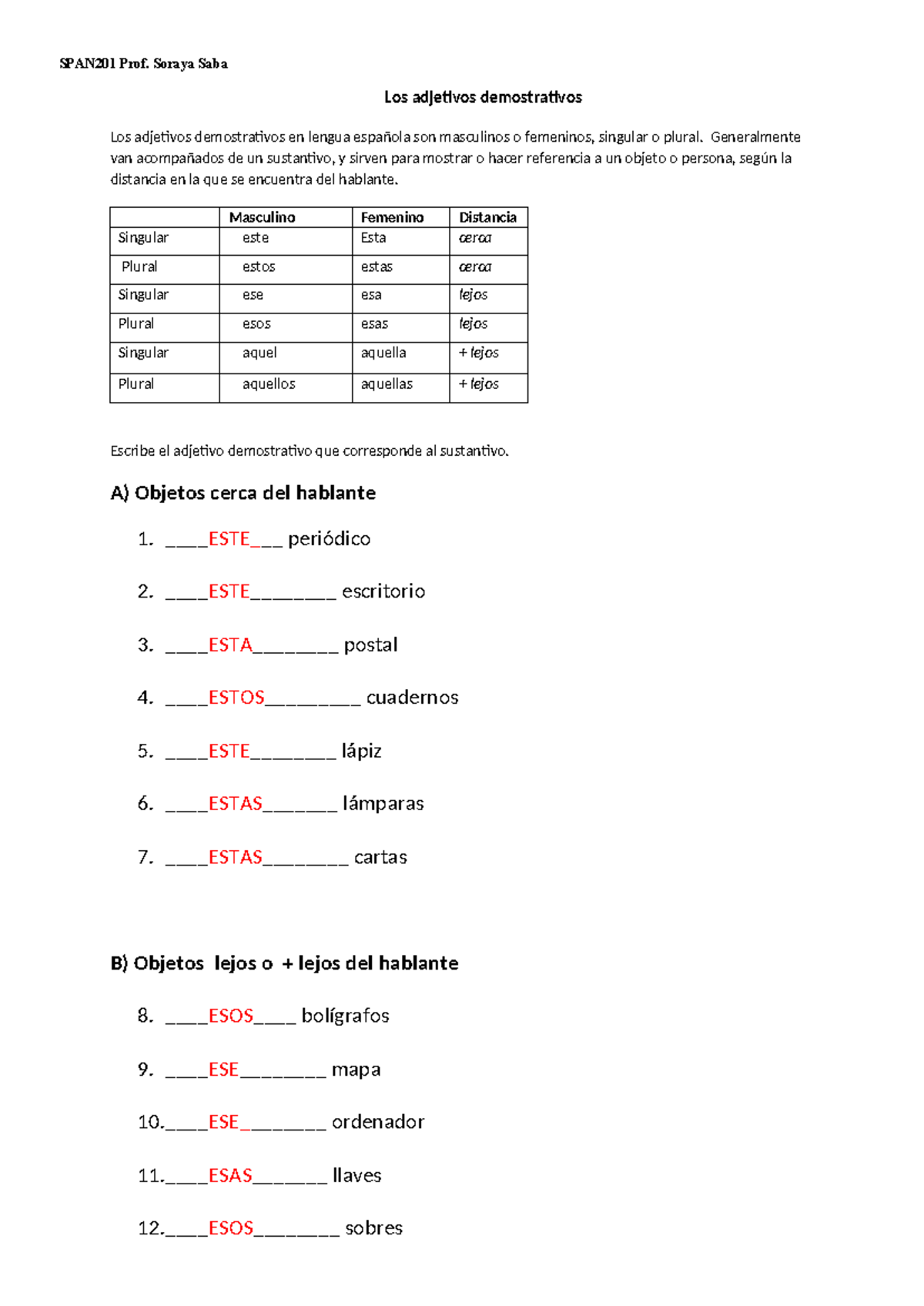 Adjetivos Demostrativos - SPAN201 Prof. Saba Lecture Notes - Studocu