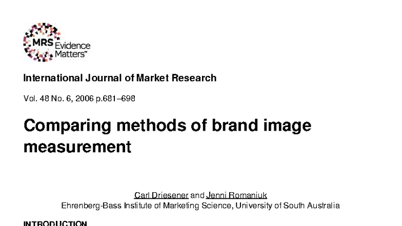 Comparing Brand Image Measurement Techniques: Driesener & Romaniuk 2006 ...