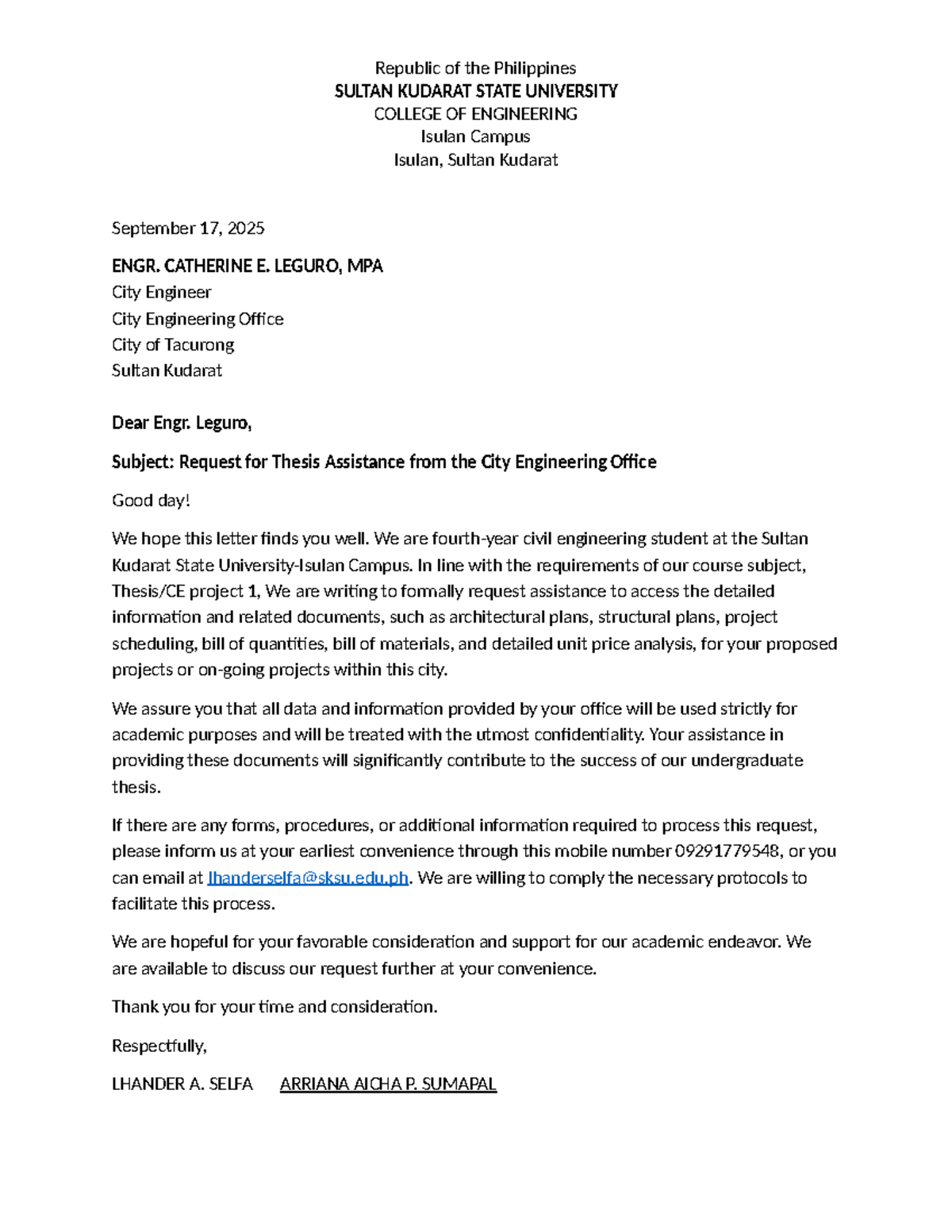 ENGR 101: Request for Thesis Assistance - Letter of Consent - Studocu