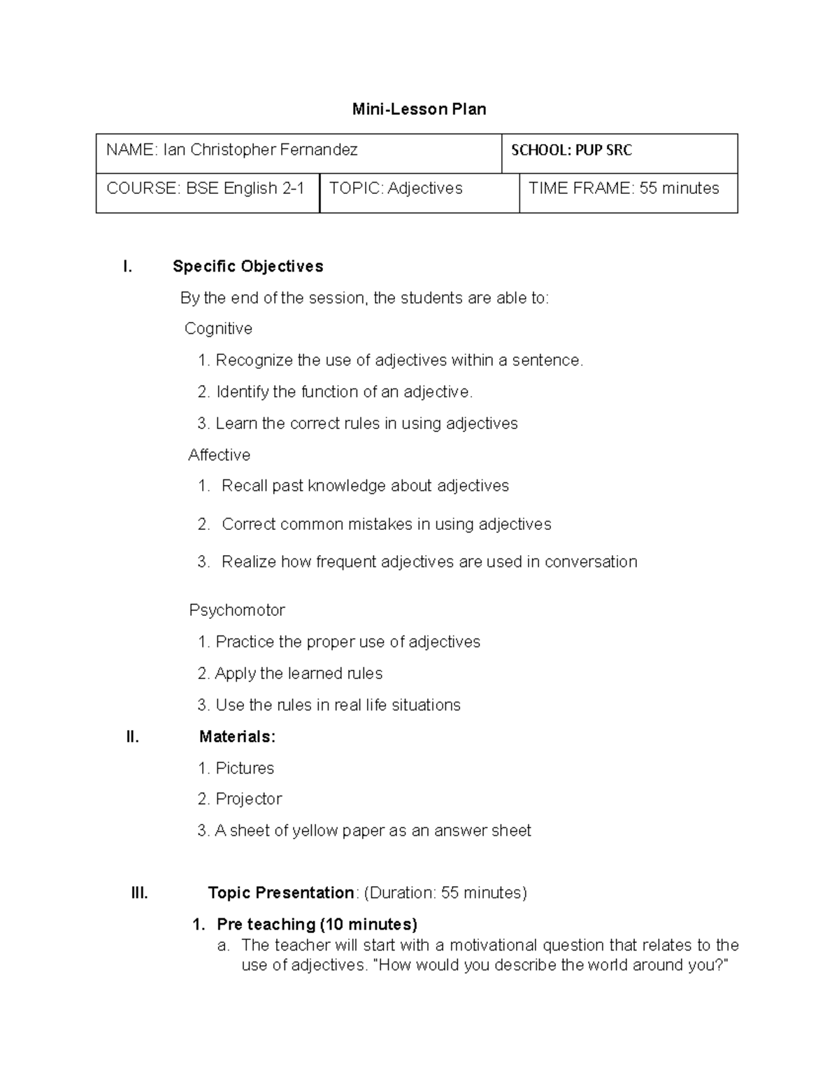 Mini Lesson Plan - Adjectives: Objectives & Activities (BSE English ...